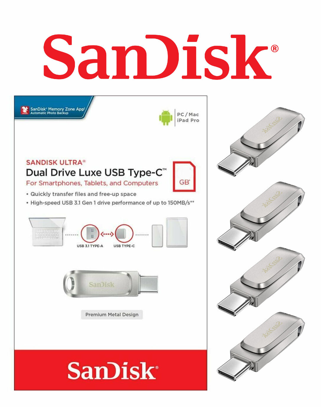 Type-C USB SanDisk Ultra Luxe Dual Drive Type-C USB Flash Drive Memory ...