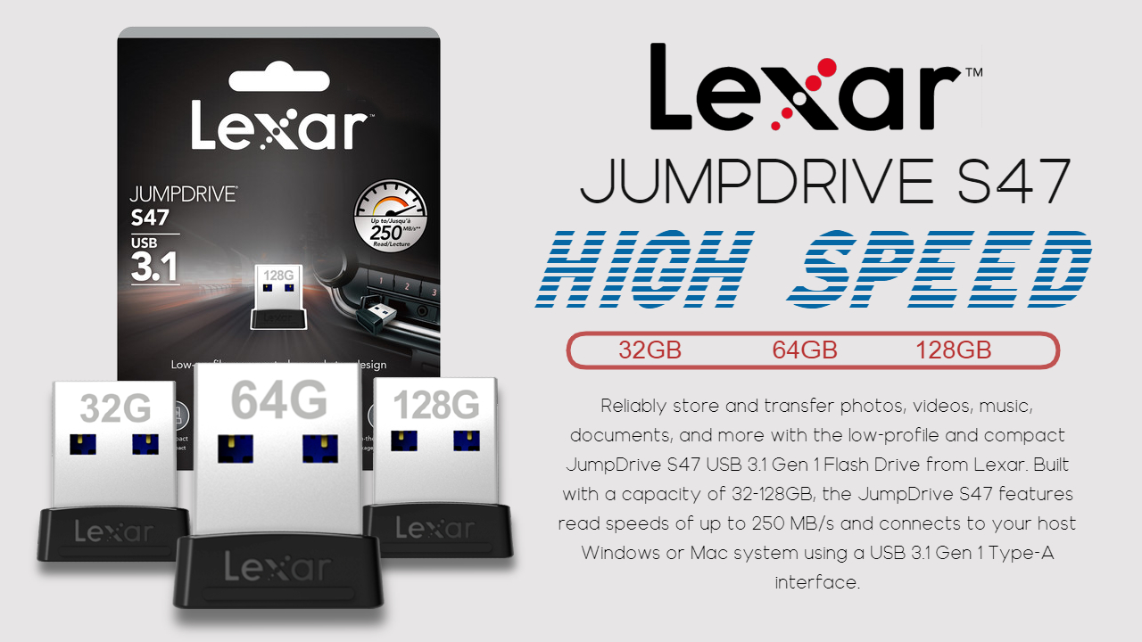 USB 3.1 128GB Flash Drive Lexar JumpDrive S47 Memory Stick (250MB/s ...